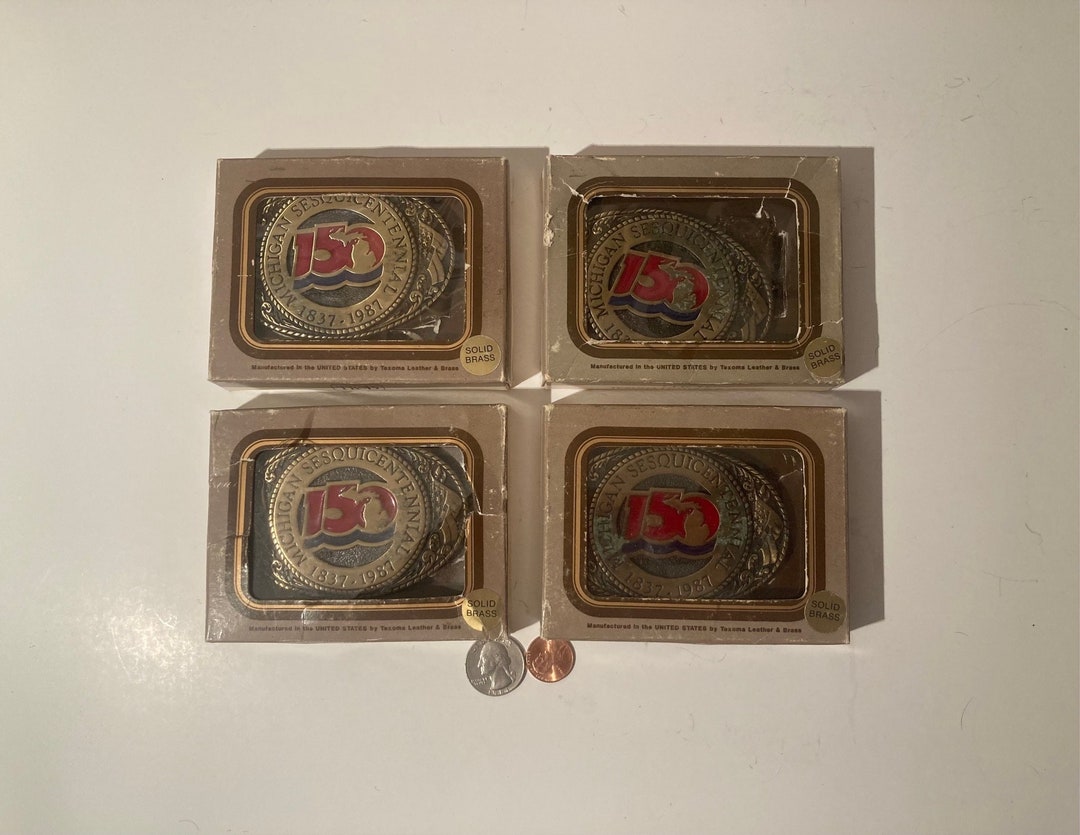 Vintage Lot of 4 1987 Belt Buckles, Michigan, Texoma Leather and Brass ...