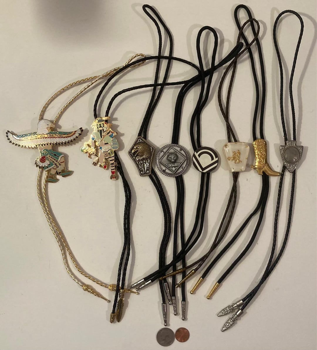 Vintage Lot of 8 Metal Bolo Ties, Nice Different Designs, Eagle, Wolf ...