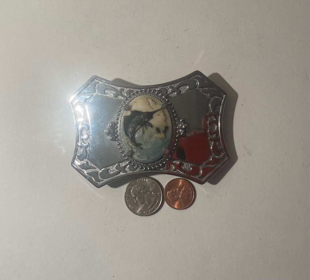 Vintage Metal Belt Buckle, Nice Carved Incolay Stone With Sail Fish ...