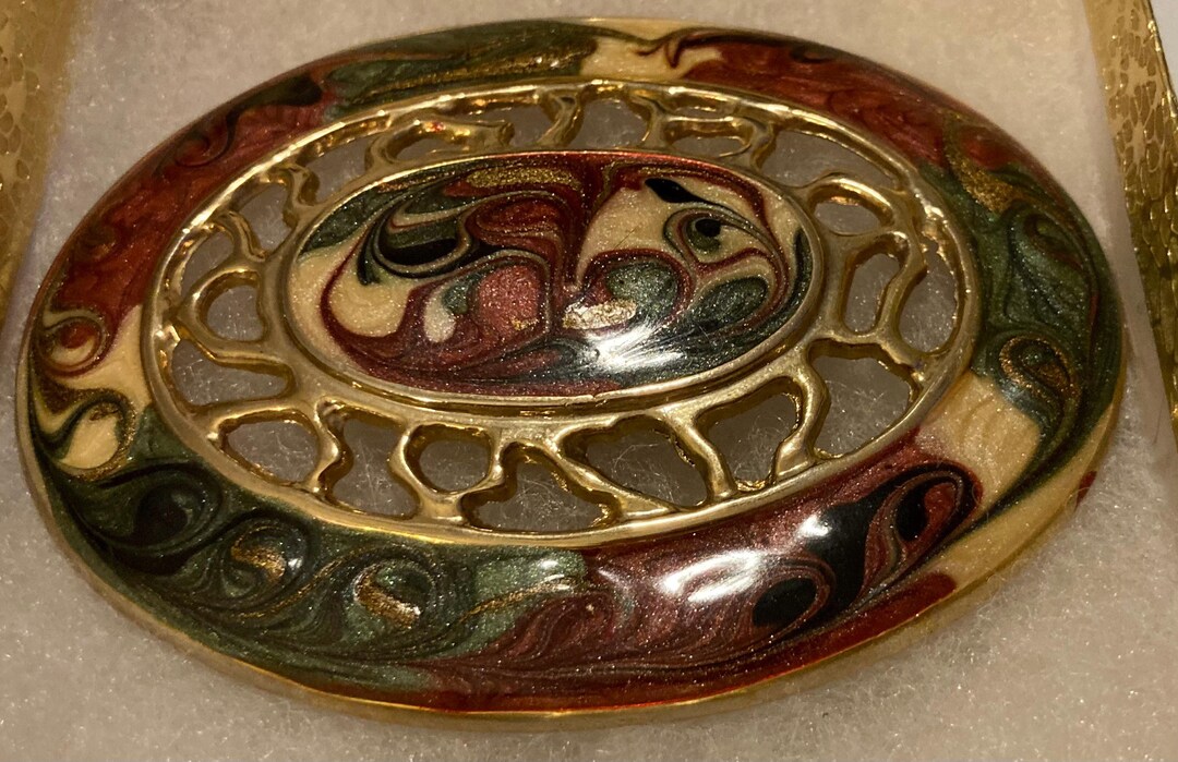 Vintage Metal Belt Buckle, Fancy Brass and Colorful Enamel Design, Nice ...