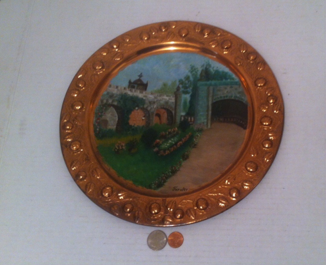 Vintage Metal Copper Plate With Hand Painted Design, Quality Art, Home ...