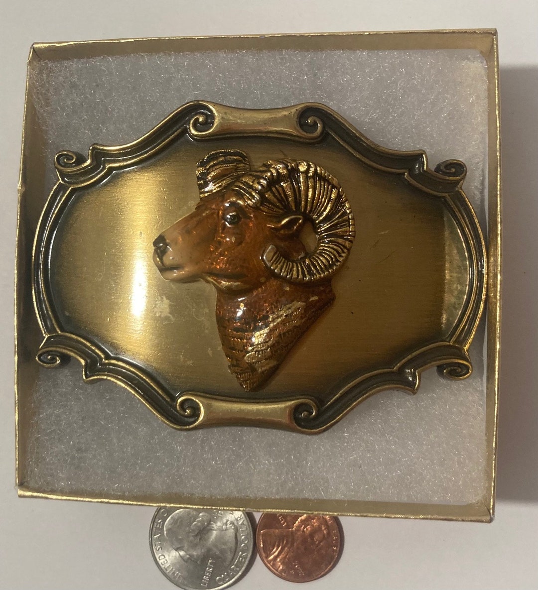 Vintage 1980 Metal Belt Buckle, Brass, Raintree, Mountain Ram, Goat ...