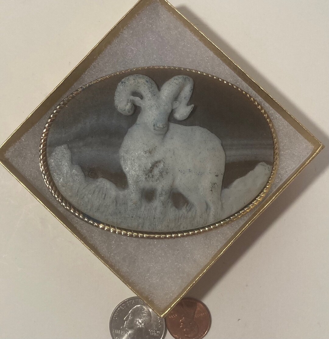 Vintage Metal Belt Buckle, Brass, Bighorn Sheep, Mountain Ram, Incolay ...