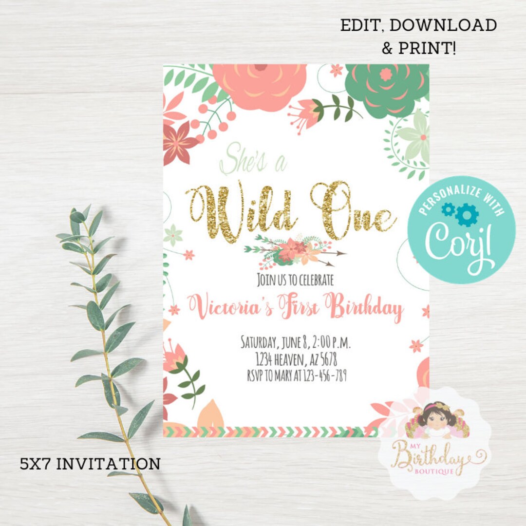 Editable Wild One Invitation Girl,printable Template Digital Corjl ...