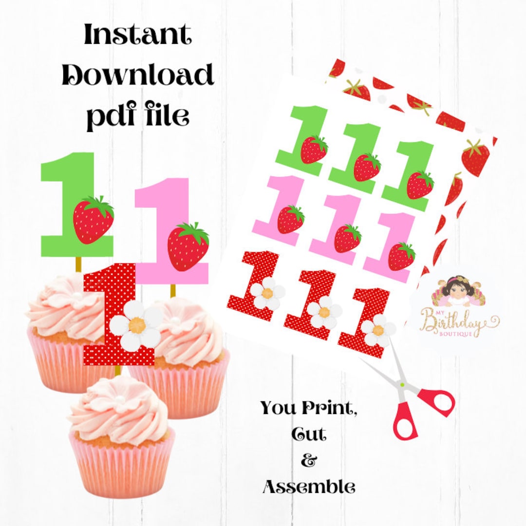 Printable Strawberry Cupcake Toppers,strawberry Birthday Party ...