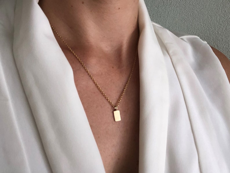 Tag Necklace 14k Gold Rectangle Pendant Gold Necklace Solid - Etsy
