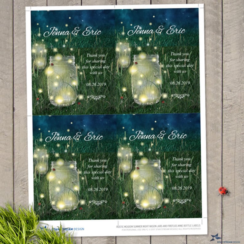 Printable Rustic Meadow Summer Night Mason Jar & Fireflies Wine Bottle ...