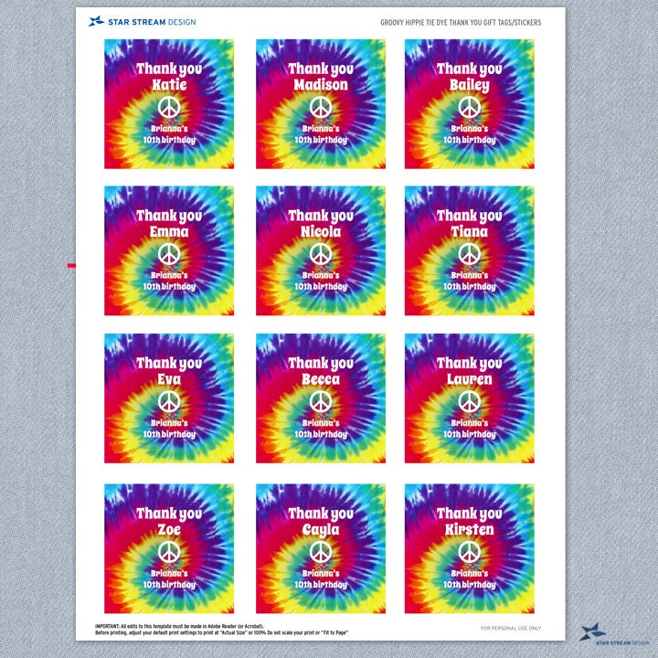 Groovy Tie Hippie Dye Printable Party Images, Editable PDF Instant ...