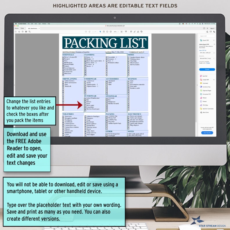 Modern Slate Blue Mens or Unisex Printable Packing List, 8.5"x11 ...