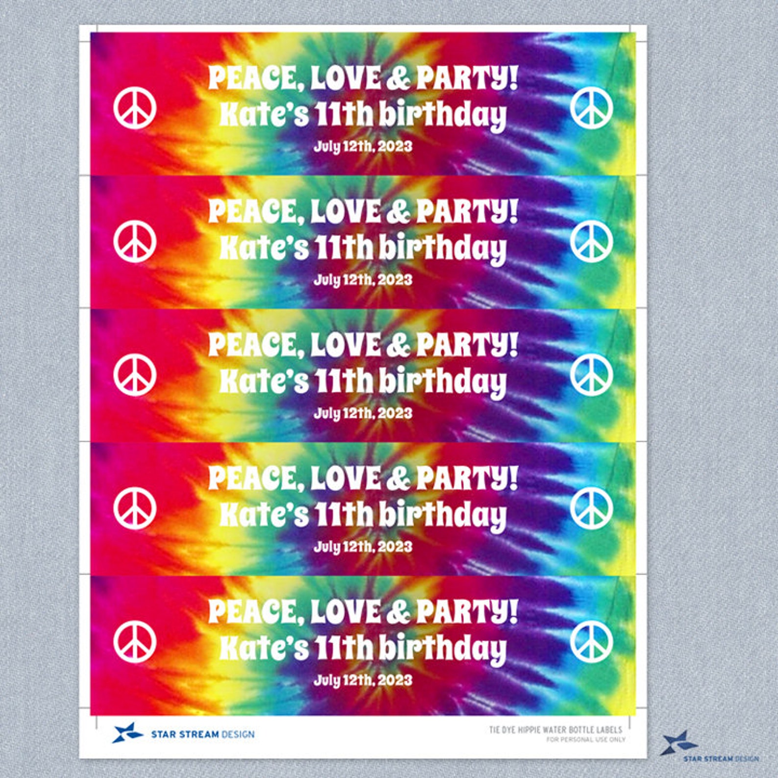 Groovy Tie Dye Hippie Party Printable Water Bottle Labels - Birthday ...