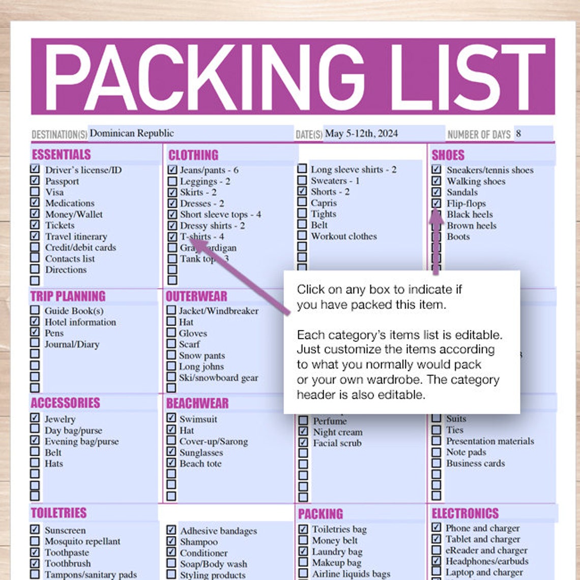 Modern Bright Purple Printable Packing List, 8.5"x11", Editable PDF ...