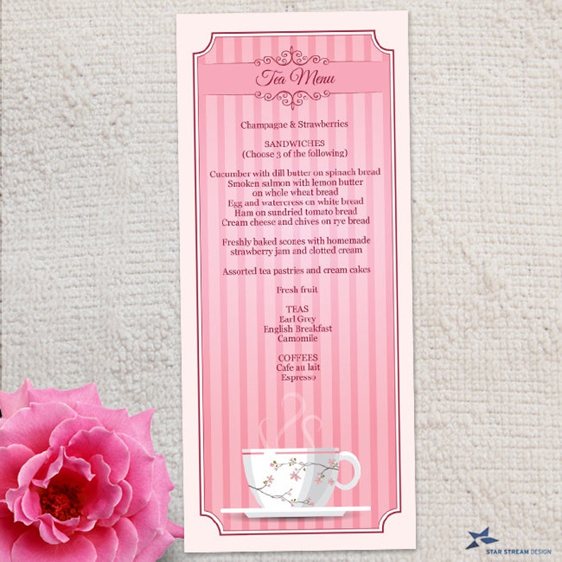 Pink Tea Party Bridal Shower High Tea or Event Printable Menu | Etsy