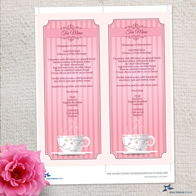 Pink Tea Party Bridal Shower High Tea or Event Printable Menu | Etsy
