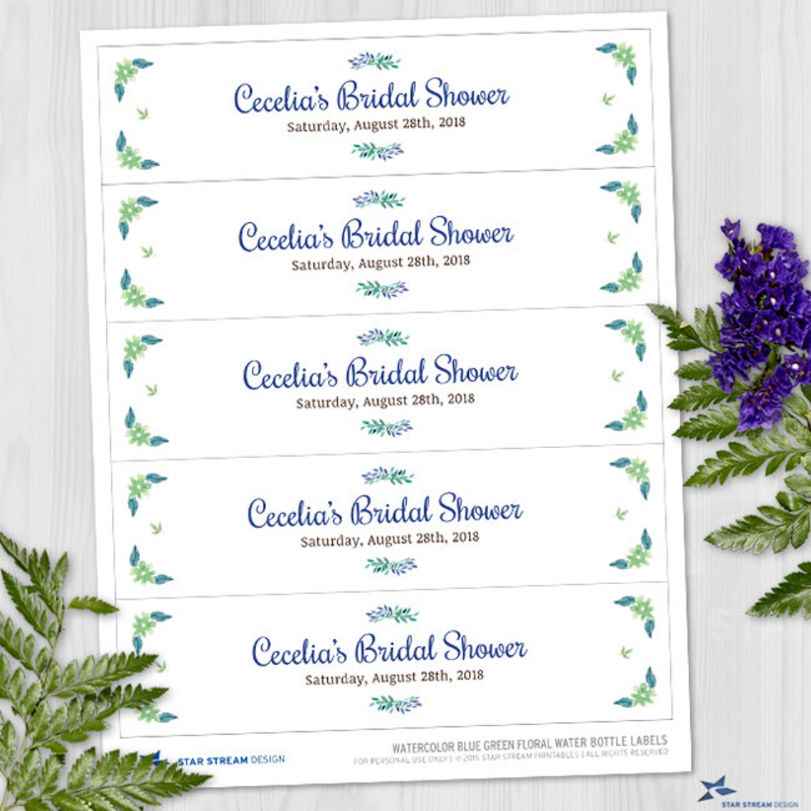 Printable Blue Watercolor Floral Water Bottle Labels Bridal - Etsy