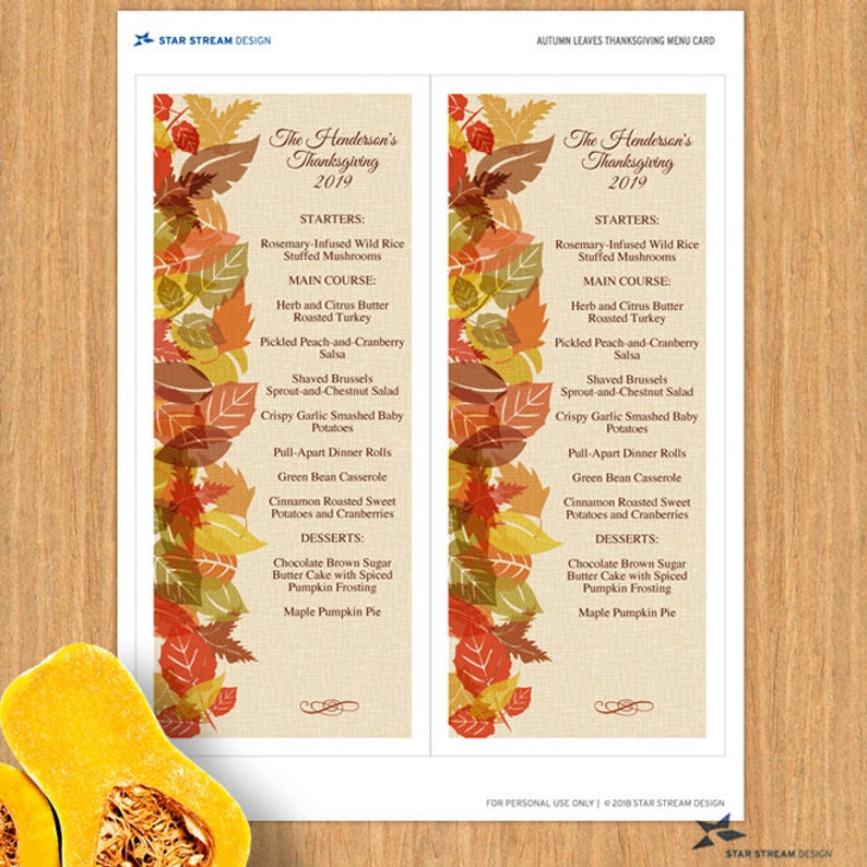 Autumn Leaves Edge Thanksgiving or Fall Dinner Printable Menu Card, 4 ...