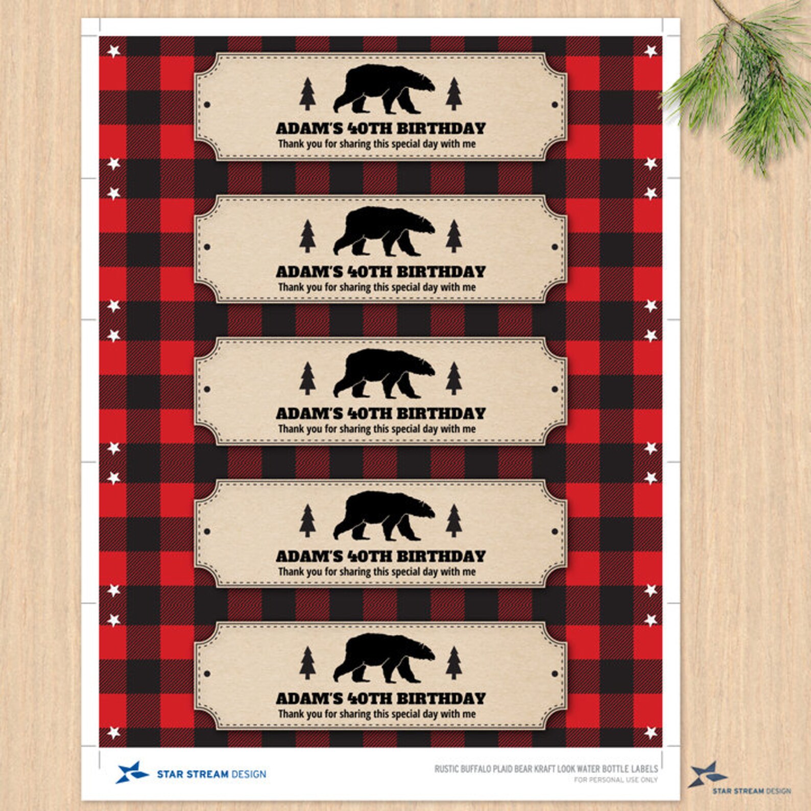 Printable Red Buffalo Plaid Bear Northwoods Rustic Faux Kraft Paper ...