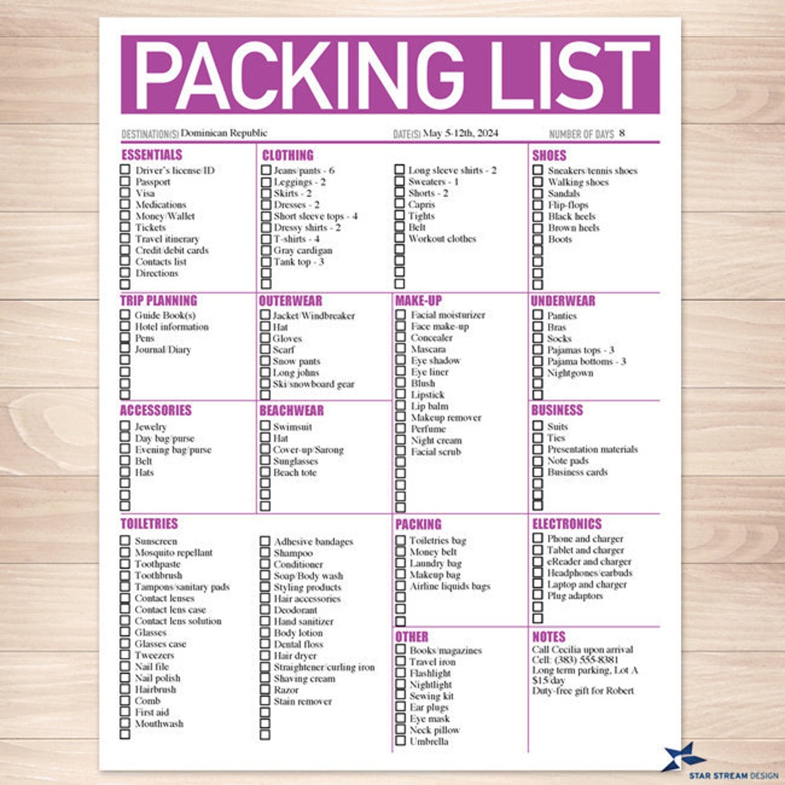 Modern Bright Purple Printable Packing List, 8.5"x11", Editable PDF ...