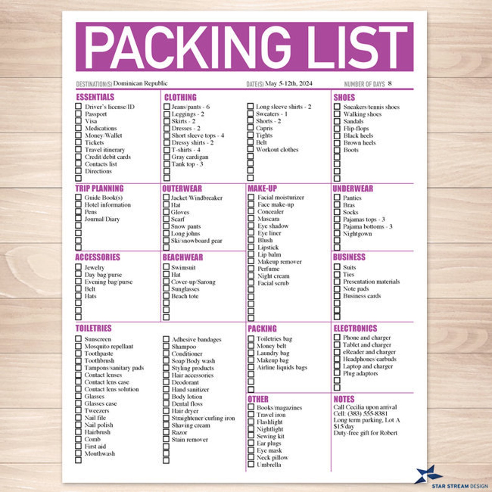 Modern Bright Purple Printable Packing List, 8.5"x11", Editable PDF ...
