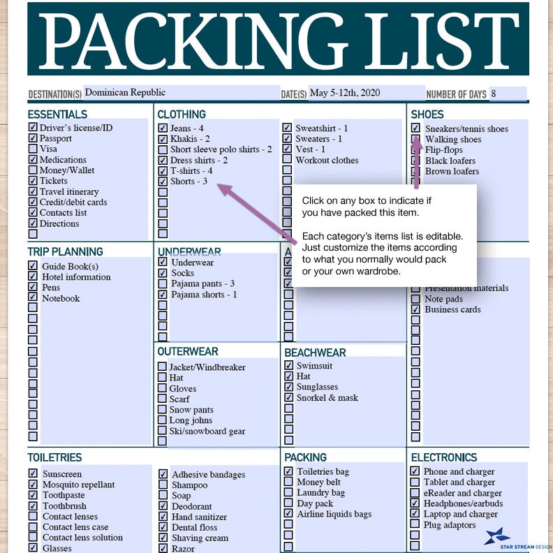 Modern Slate Blue Mens or Unisex Printable Packing List | Etsy