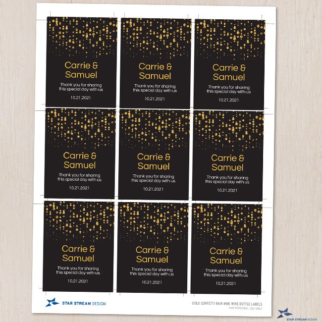 Printable Gold Glitter Look Confetti Rain Mini Wine Bottle Labels; Nine ...