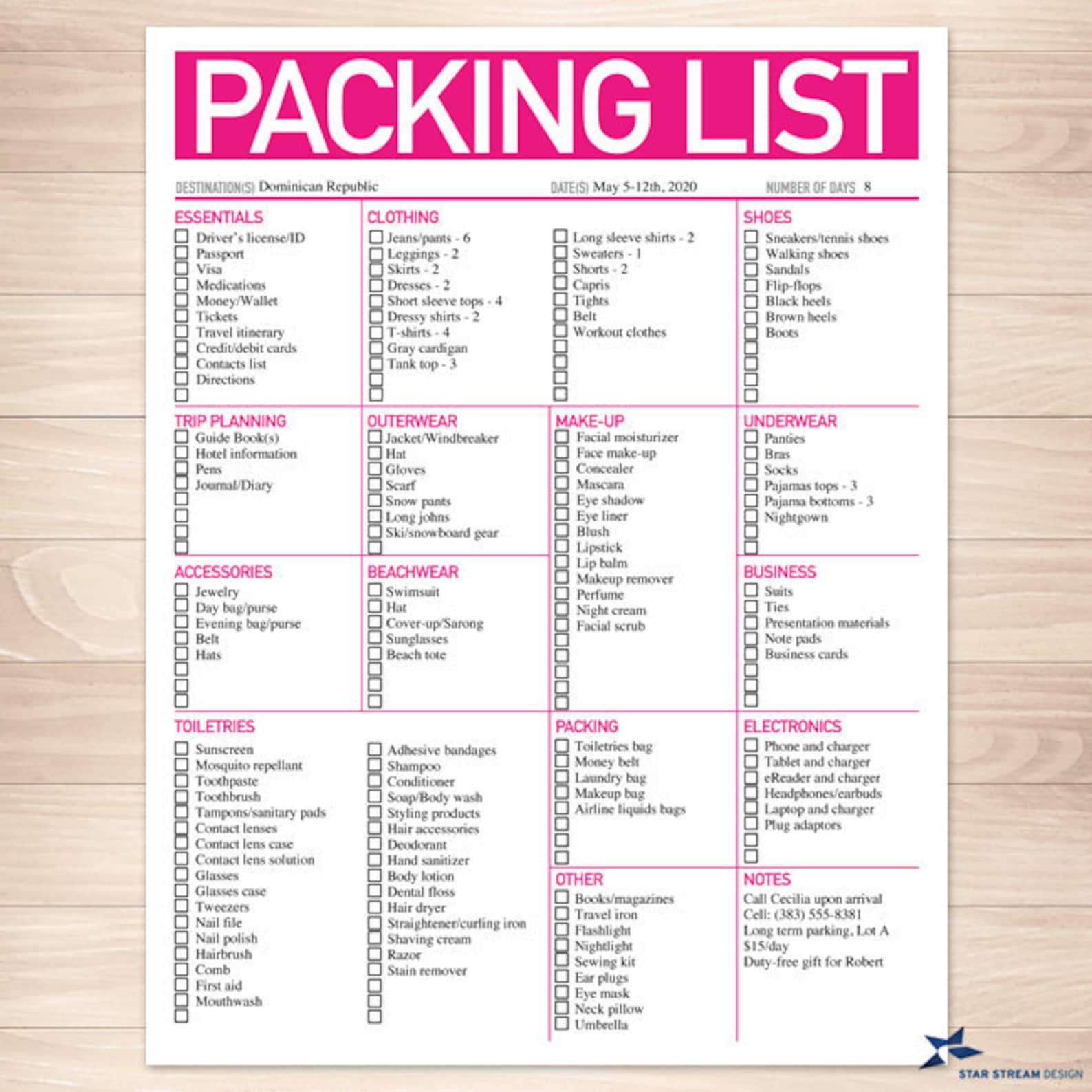Modern Bright Pink Printable Packing List 8.5x11 - Etsy