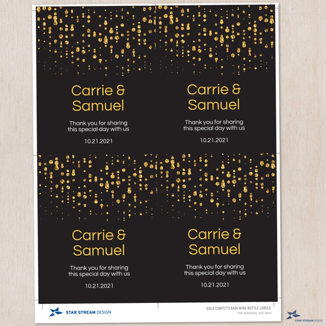 Printable Gold Glitter Look Confetti Rain Wine Bottle Labels | Etsy