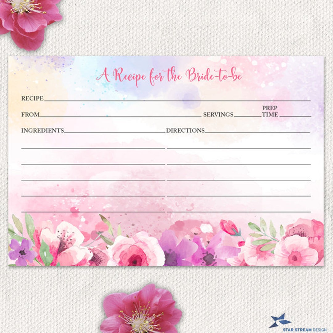 Watercolor Flower Recipe Card: Bridal Shower Game (JPG & PDF) - Etsy