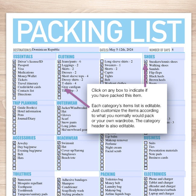 Modern Light Blue Printable Packing List 8.5x11 | Etsy UK