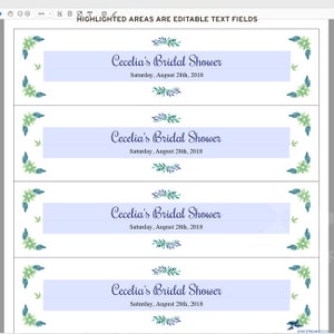 Printable Blue Watercolor Floral Water Bottle Labels - Bridal Wedding ...