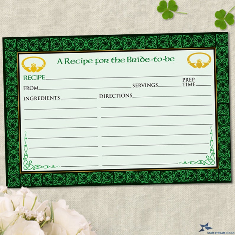 Printable Claddagh Ring Celtic Knots Irish Recipe Card, Bridal Wedding ...