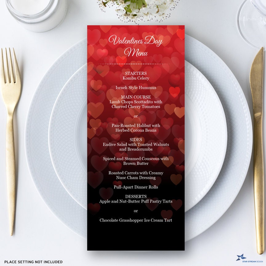 Red Bokeh Hearts Valentines Holiday Dinner Menu Card 4 | Etsy