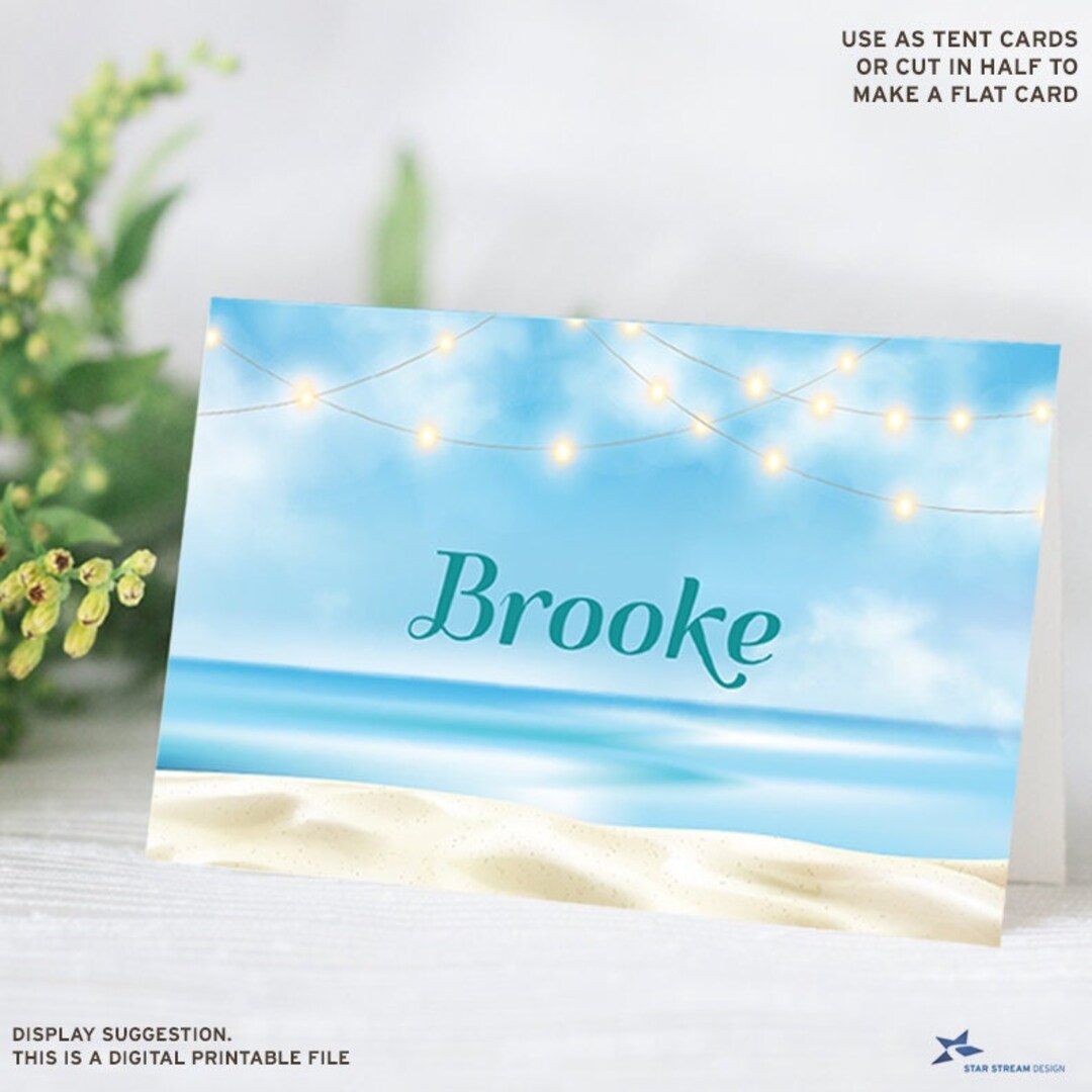 Ocean Beach Fairy Lights Personalized Printable Place Cards; 3.5"x2 ...