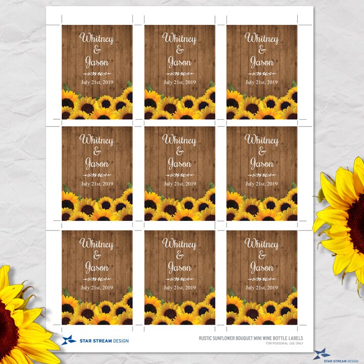 Printable Rustic Sunflowers Mini Wine Bottle Labels; Nine Personalized ...