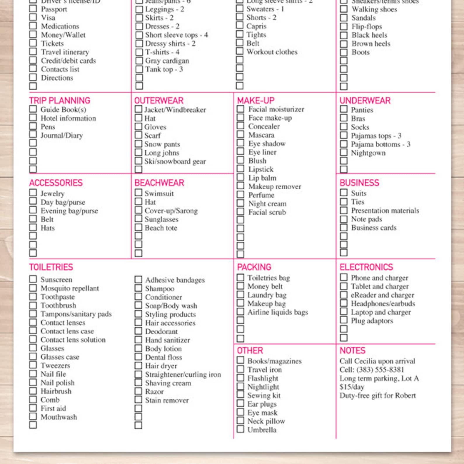 Modern Bright Pink Printable Packing List, 8.5"x11", Editable PDF ...