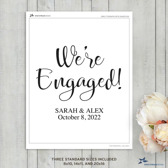 Minimalist Typographic We're Engaged Printable Wedding Engagement Sign ...