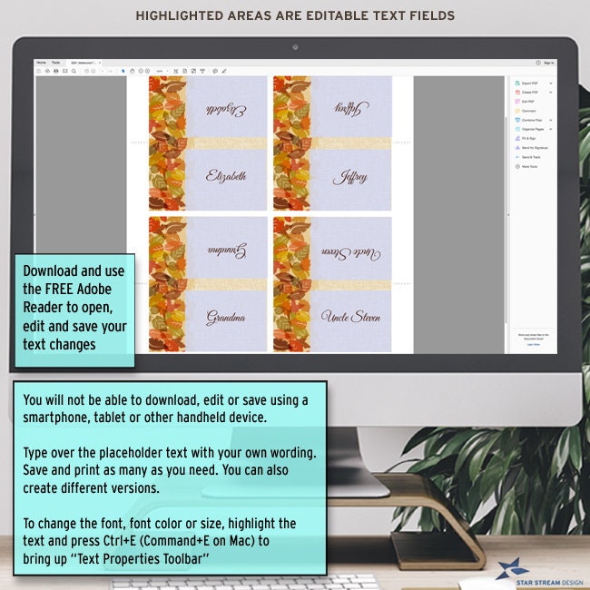 Printable Watercolor Autumn Leaves Thanksgiving Fall Personalized Place ...