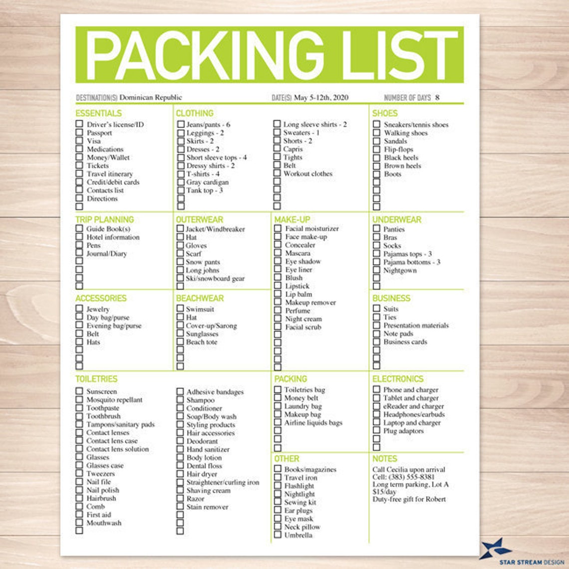 Modern Bright Green Printable Packing List - Etsy