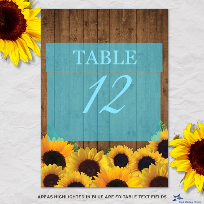 Printable Rustic Sunflowers Table Number Name Card 5"x7" Signs ...