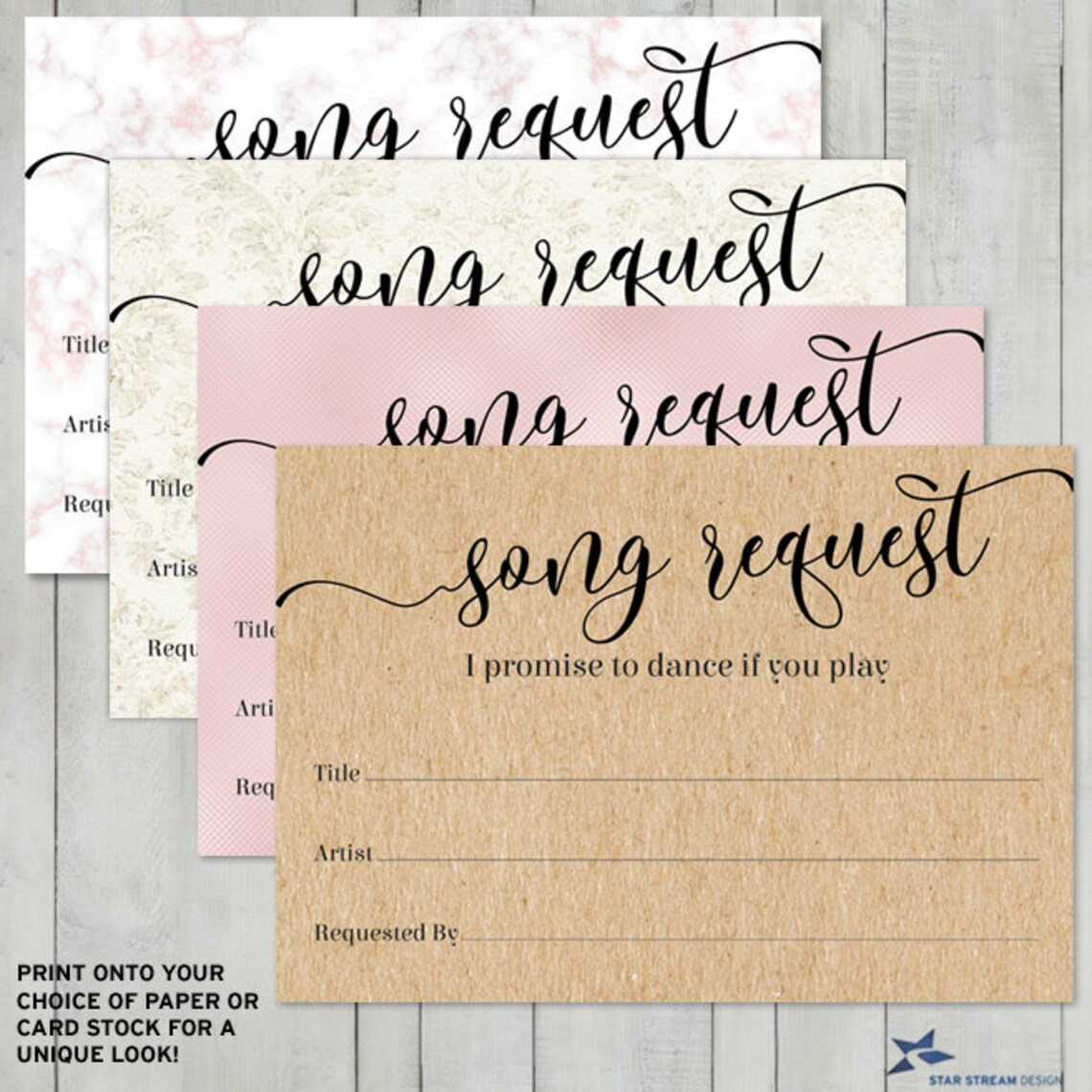 Minimalist Typographic Printable Song Request Card, Wedding Event Song ...