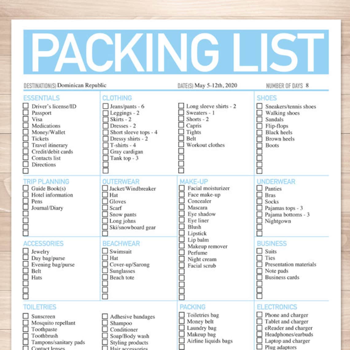 Modern Light Blue Printable Packing List, 8.5"x11", Editable PDF ...