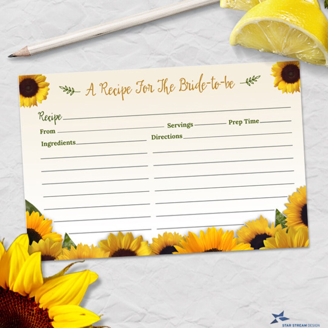 Printable Rustic Sunflower Recipe Card, Bridal Wedding Shower, 6"x4 ...