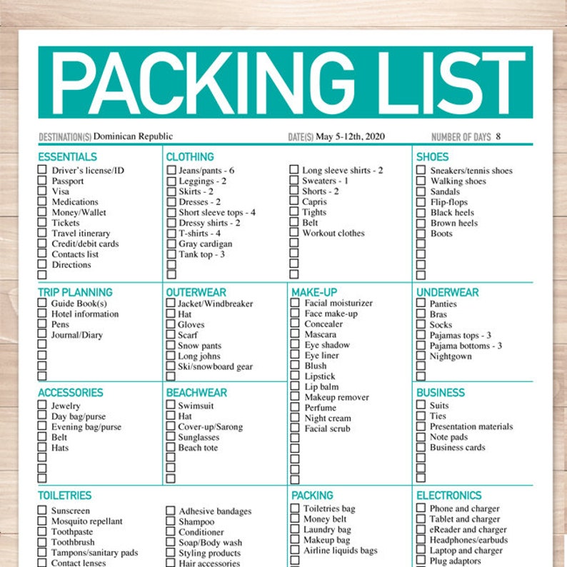 Modern Bright Aqua Printable Packing List 8.5x11 - Etsy
