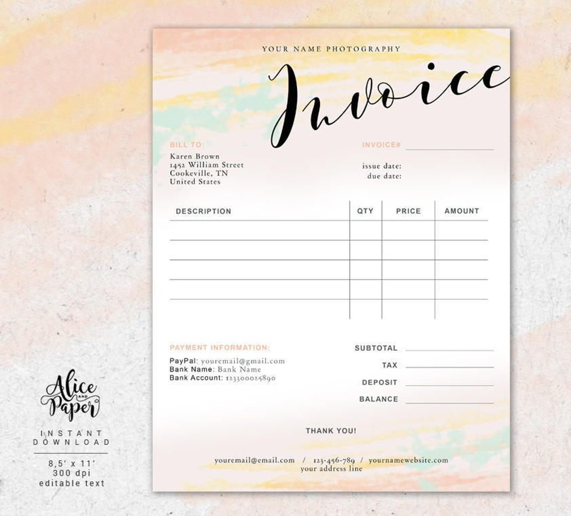 Invoice Template Photography Invoice Business Invoice - Etsy