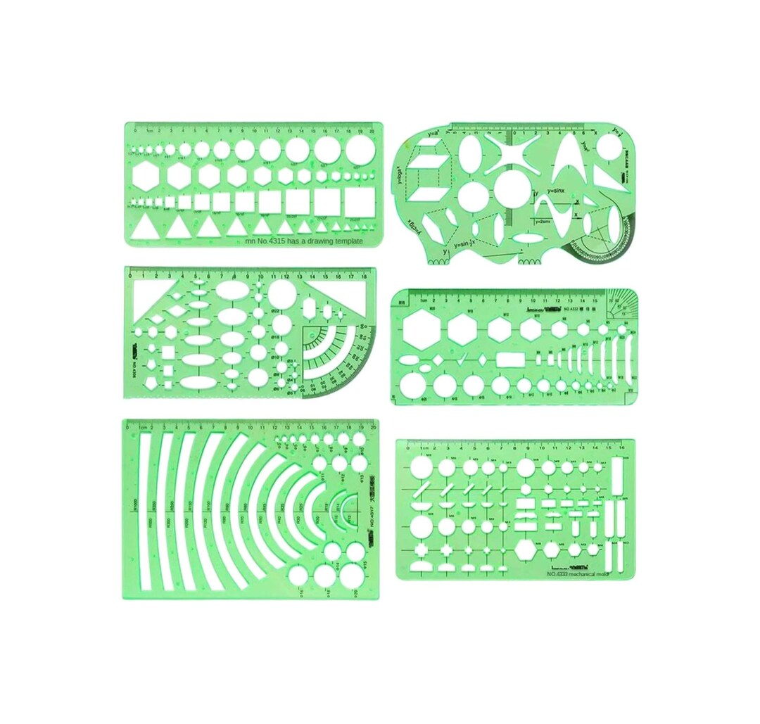 Multi Shape Template Stencil Green Translucent Plastic With Ruler ...