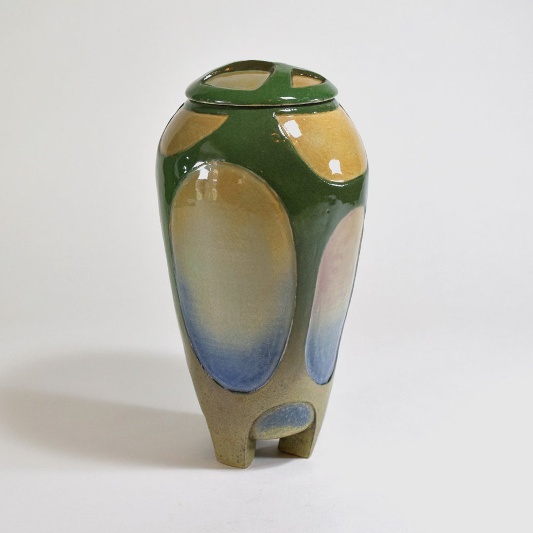 Large Ceramic Covered Jar With Sculpted Details, Hand Thrown, High ...