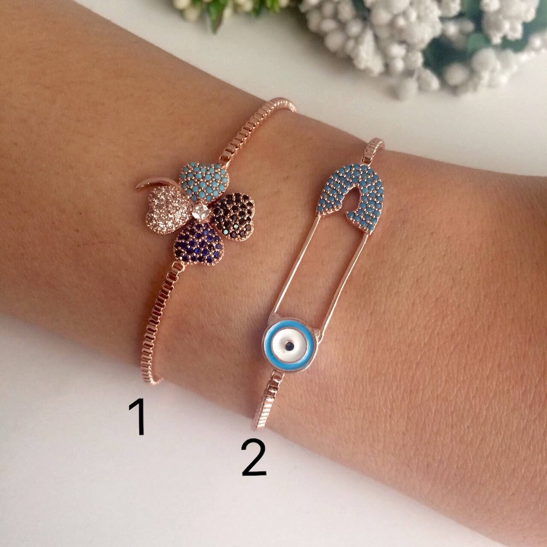 Gold Safety Pin Bracelet, Evil Eye Bracelet, Rose Gold Safety Pin ...