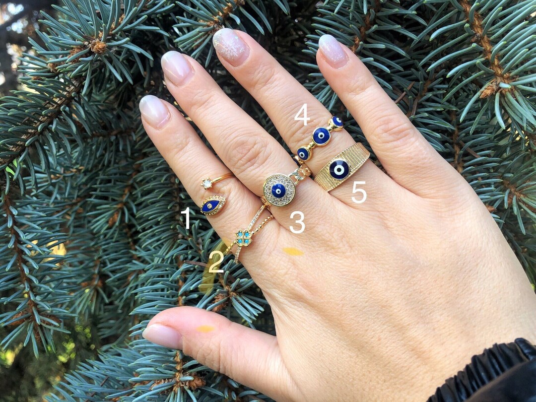 Blue Evil Eye Ring, Evil Eye Gold Ring, Joint Ring, Dainty Ring ...