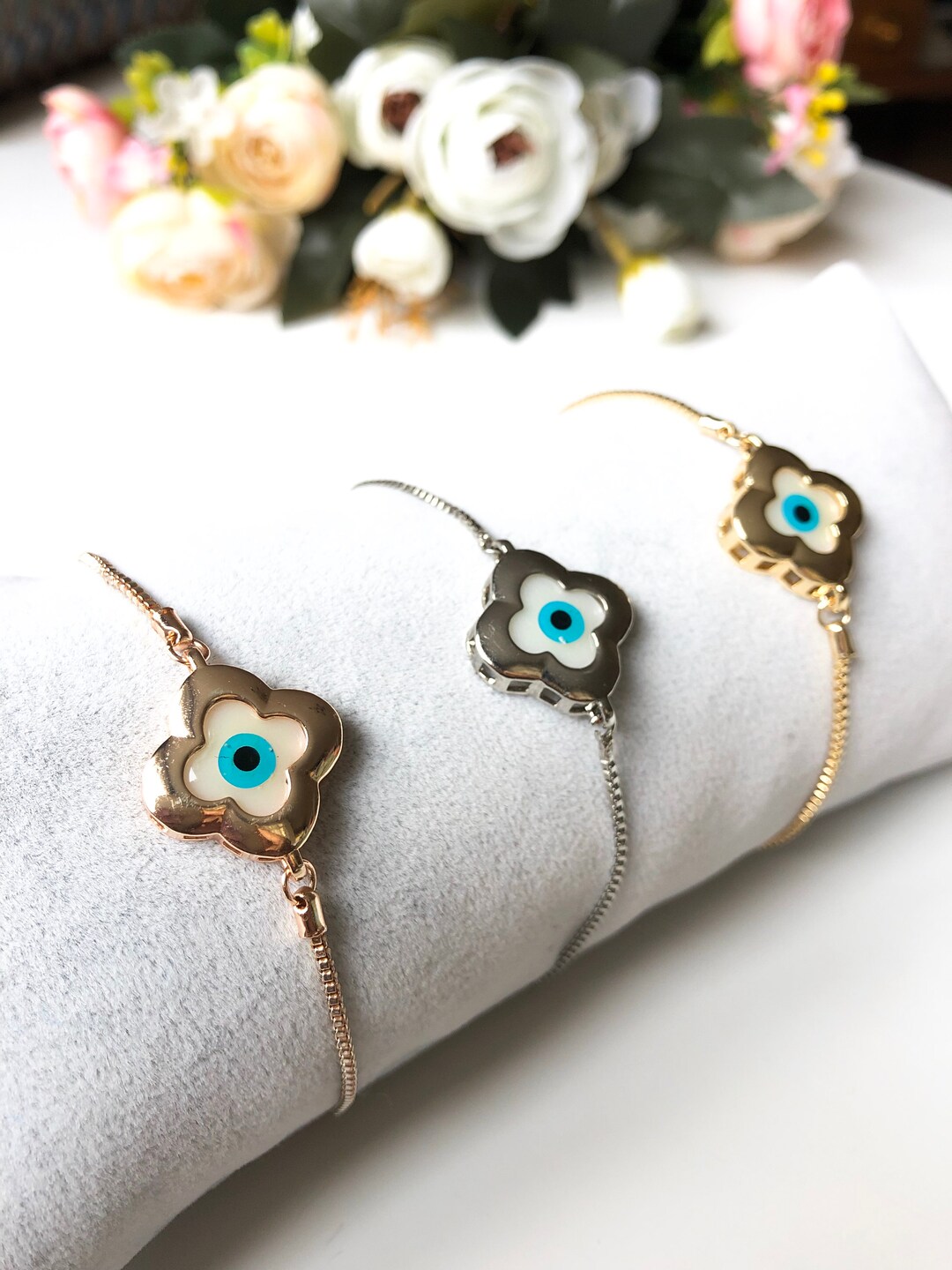 Evil Eye Clover Bracelet, Four Leaf Clover Bracelet, Evil Eye Jewelry ...