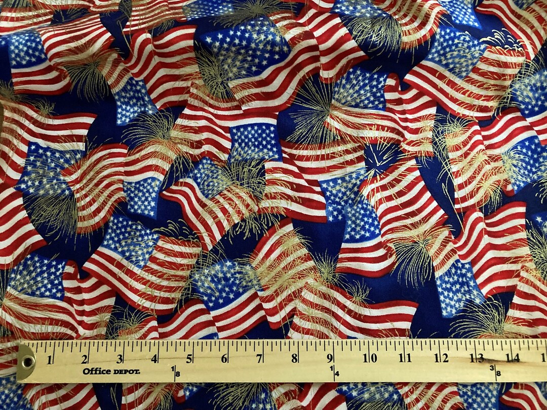 American Patriotic Flags Fabric With Gold Metallic Accents Beautiful ...
