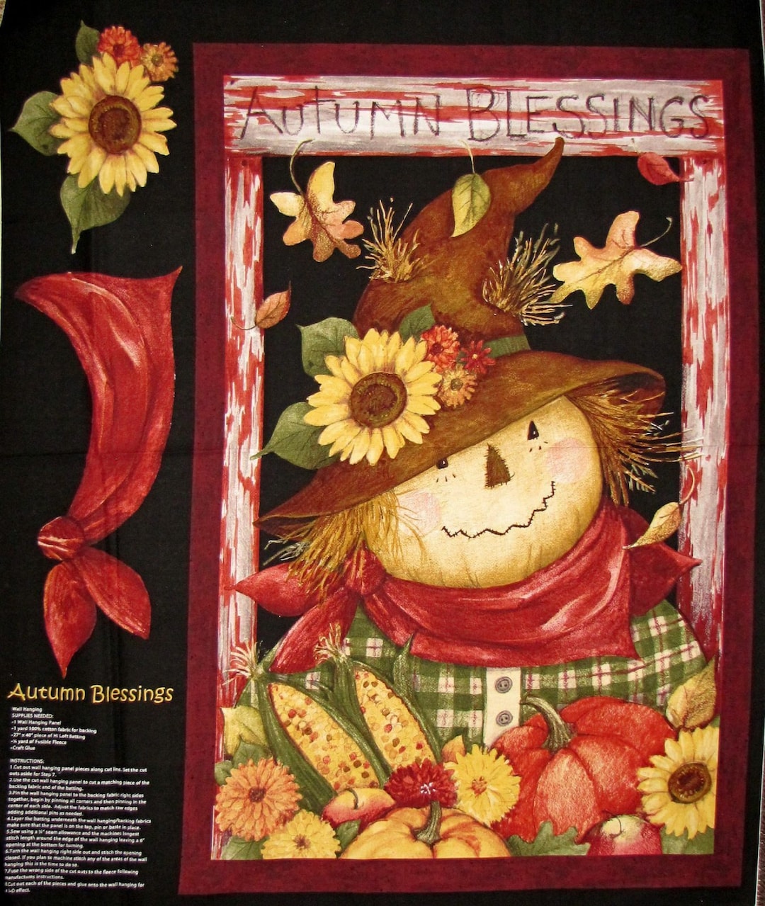 Autumn Blessings Fabric Panel Scarecrow Wallhanging Panel Quilting Fabric Fall Leaves by Steele ...